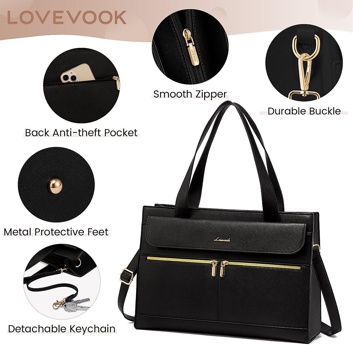 LOVEVOOK Laptop Bag for Women 15.6 Inch Laptop Tote Work Bag Professional Leather Computer Briefcase Waterproof Handbag Shoulder Bag Large Capacity Business Teacher Office Bag Crossbody Purse,Black