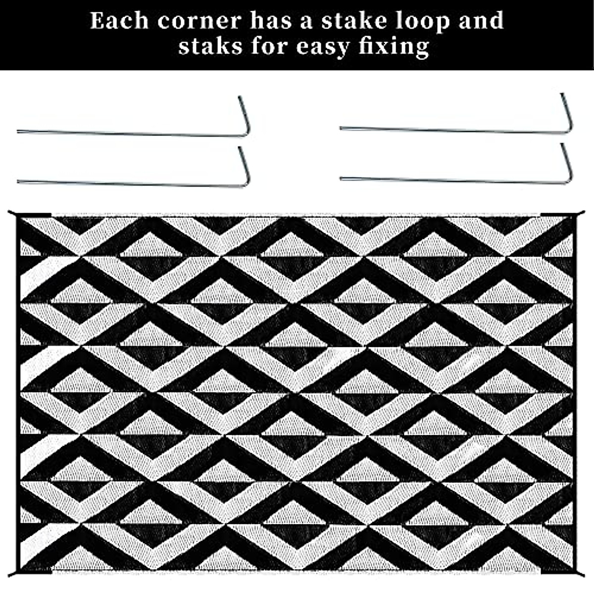 GARTOL Waterproof Indoor Outdoor Rug, Reversible Modern Area Rug Mats, Geometric Triangle Pattern Plastic Straw Rug for RV, Patio, Backyard, Pool Deck, Picnic, Beach, Camping (5' x 8', Black & White)