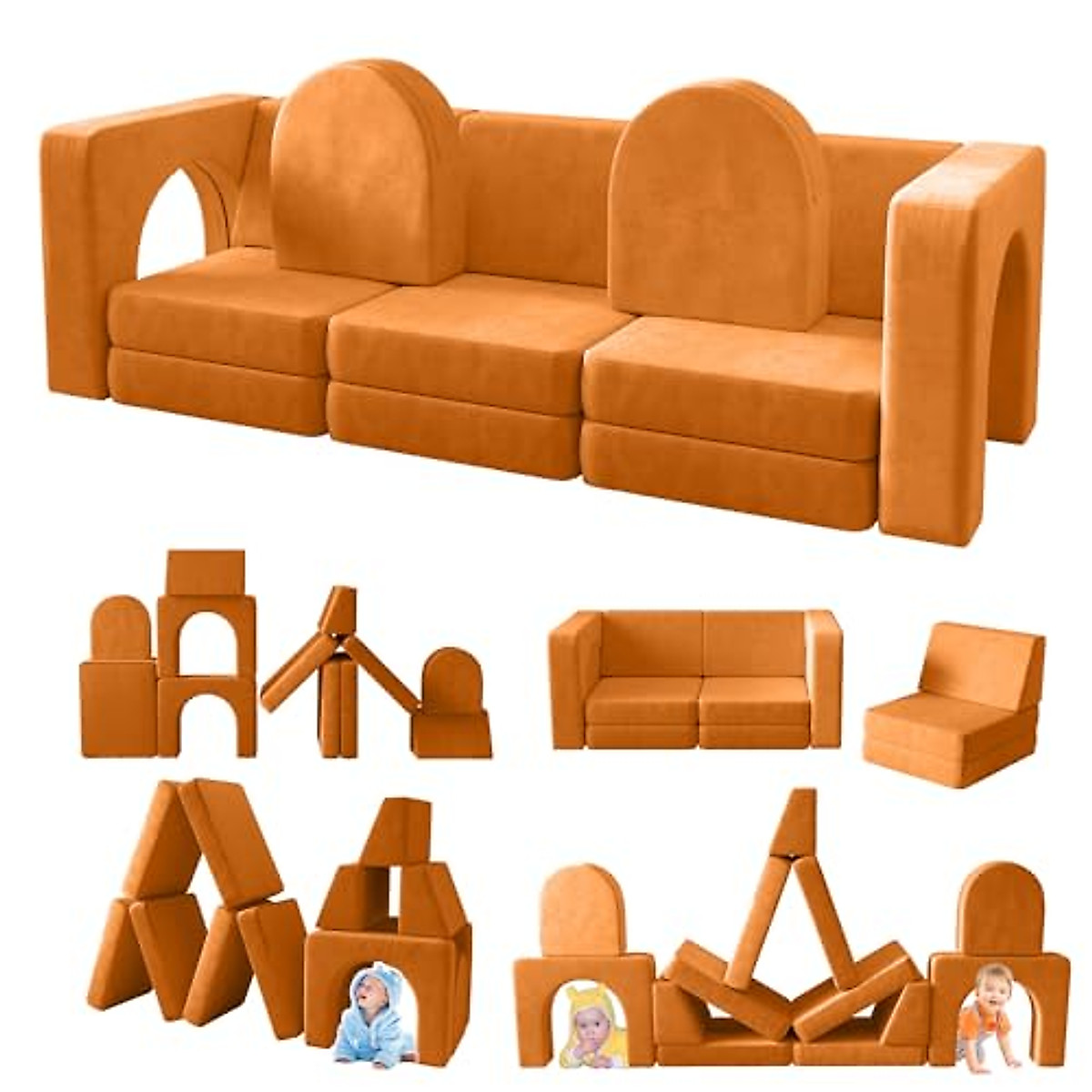 wanan Kids Couch 12PCS, Modular Kids Play Couch for Playroom Bedroom, 12 in 1 Multifunctional Kids Sofa for Playing, Creativing, Sleeping, Indoor Toddler Couch for Boys and Girls (Light Brown)