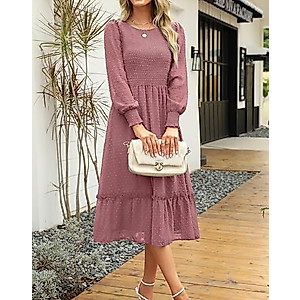 Maggeer Spring Long Sleeve Dress for Women 2024 Women's A Line Swiss Dot Wedding Guest Engagement Work Ladies Smocked Midi Causal Dresses Mauve L