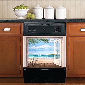 Greture Seaside View Kitchen Dishwasher Front Cover Magnetic Sticker, Refrigerator Panel Decal, Kitchen Utensils Sticker Decoration 23W x 26H Inch