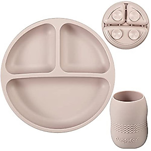 PandaEar 100% Silicone Suction Plate and Tiny Drinking Training Cup for Baby Toddler Self-Feeding Training, Baby Led Weaning Supplies Feeding Set, Non-Slip, Non-Toxic, BPA Free