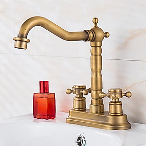 Chiczam Bathroom Faucet 4 Centerset 2 Handles Antique Brass Cross Knobs Basin Mixer Tap Three Holes Kitchen Lavatory Vanity Sink Faucet Deck Mounted