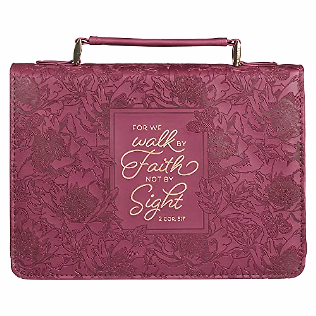 Christian Art Gifts Protective Maroon Floral Faux Leather Bible Cover Carry Case with Handle for Women: Walk by Faith - 2 Corinthians 5:7 Inspirational Bible Verse Zippered with Pocket, Medium