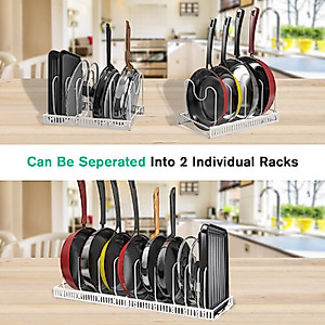 Puricon Expandable Pot and Pan Organizer for Cabinet with 10 Dividers, Adjustable Pots and Pans Organizer Rack Pan Lid Cookware Bakeware Baking Storage Holder for Kitchen Countertop Pantry -White