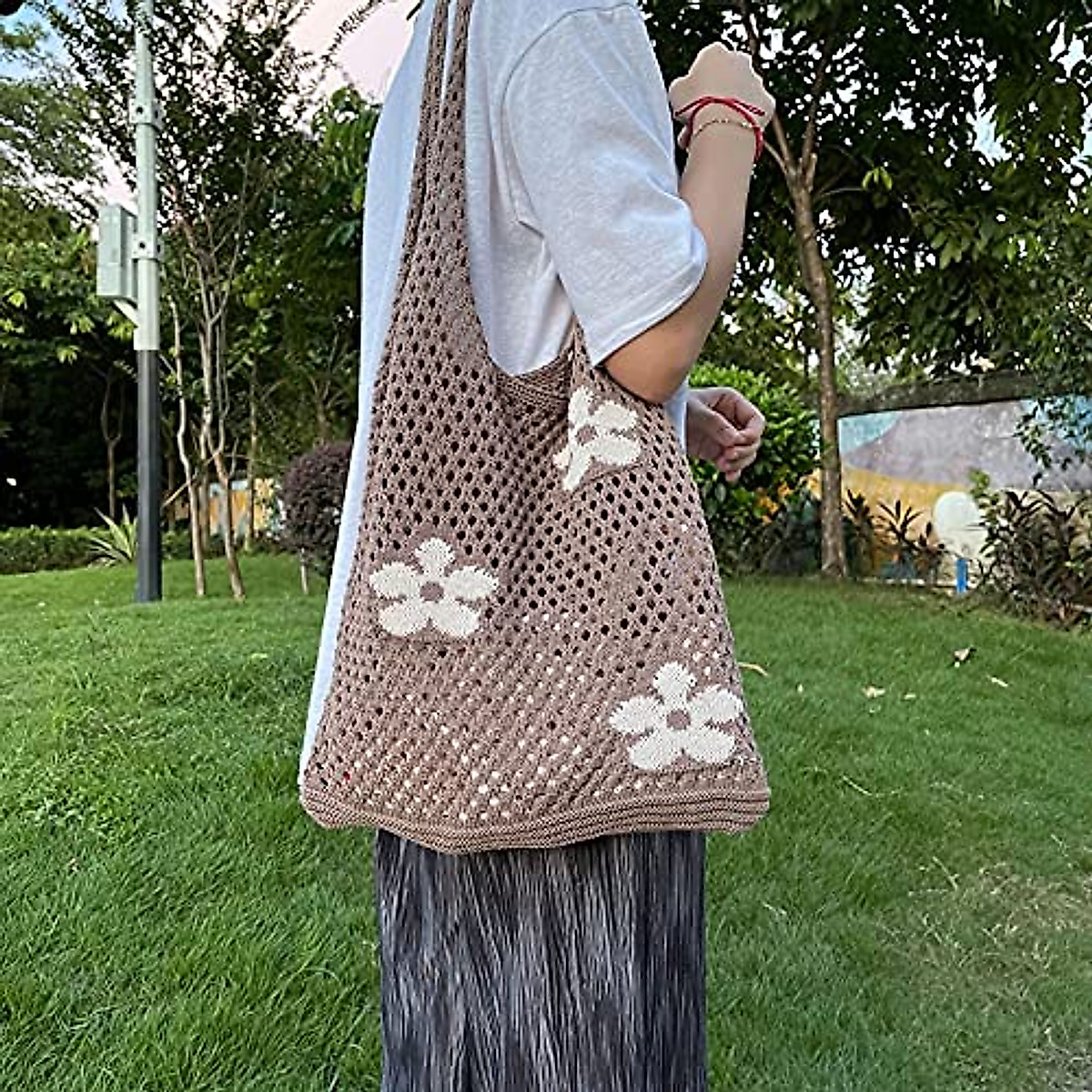 Crochet Tote Bag Fairycore Hobo Bag for Women Fairy Grunge Aesthetic Tote Bag Fairy Grunge Accessories (Brown)