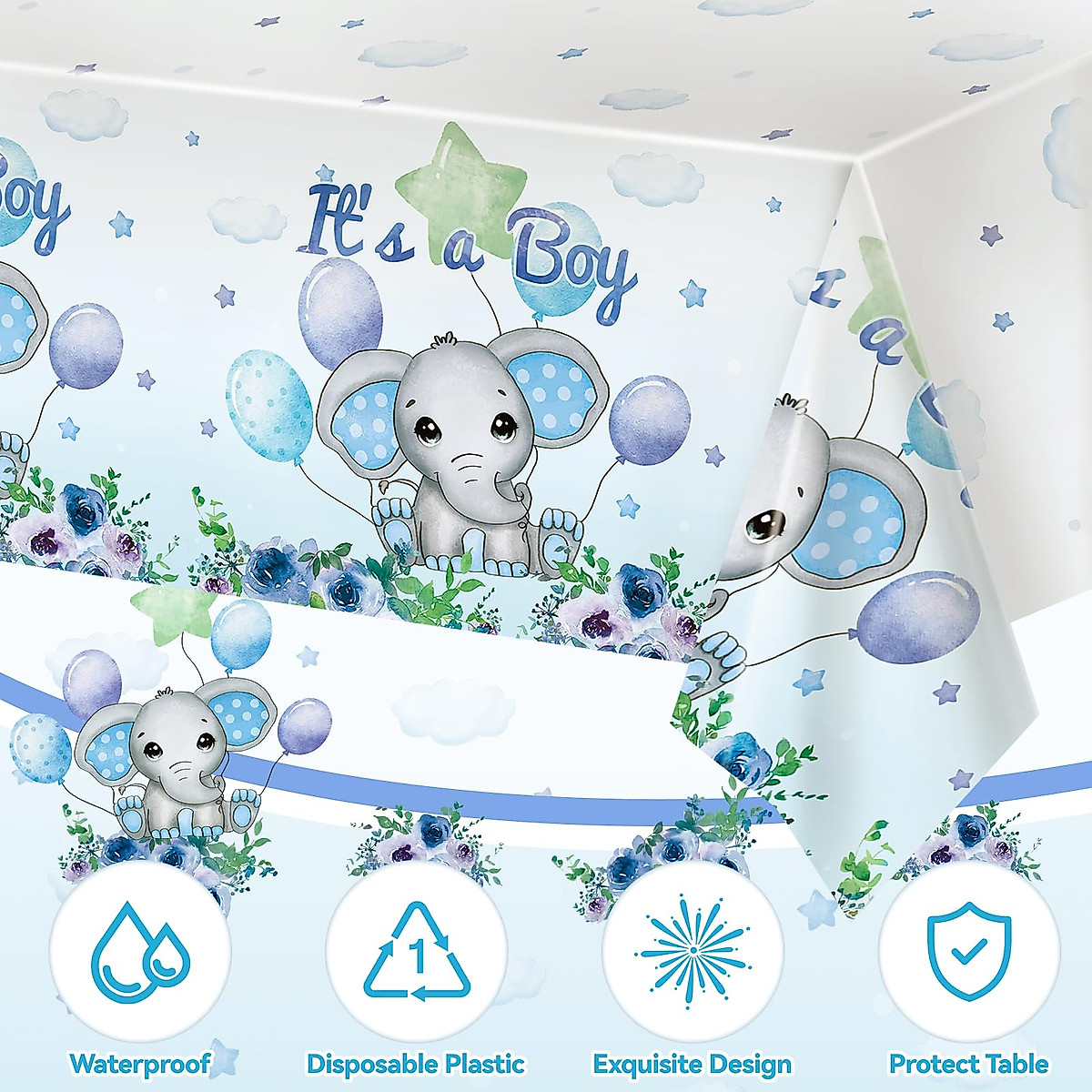 121Pcs Elephant Baby Shower Decorations Baby Shower Decorations Boy Includes Paper Plate, Napkins, Cups, Forks, Tablecloth, Elephant Theme Party Supplies for 24 Guests