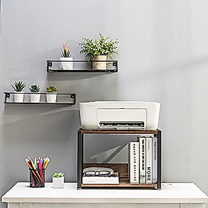 Giikin Desktop Printer Stand with 2 Tier Wood Storage Shelves, Multi-Purpose Desk Organizer for Fax Machine, Scanner, Files, Books, Rustic Brown Printer Shelf with Adjustable Anti-Skid Feet (Brown)
