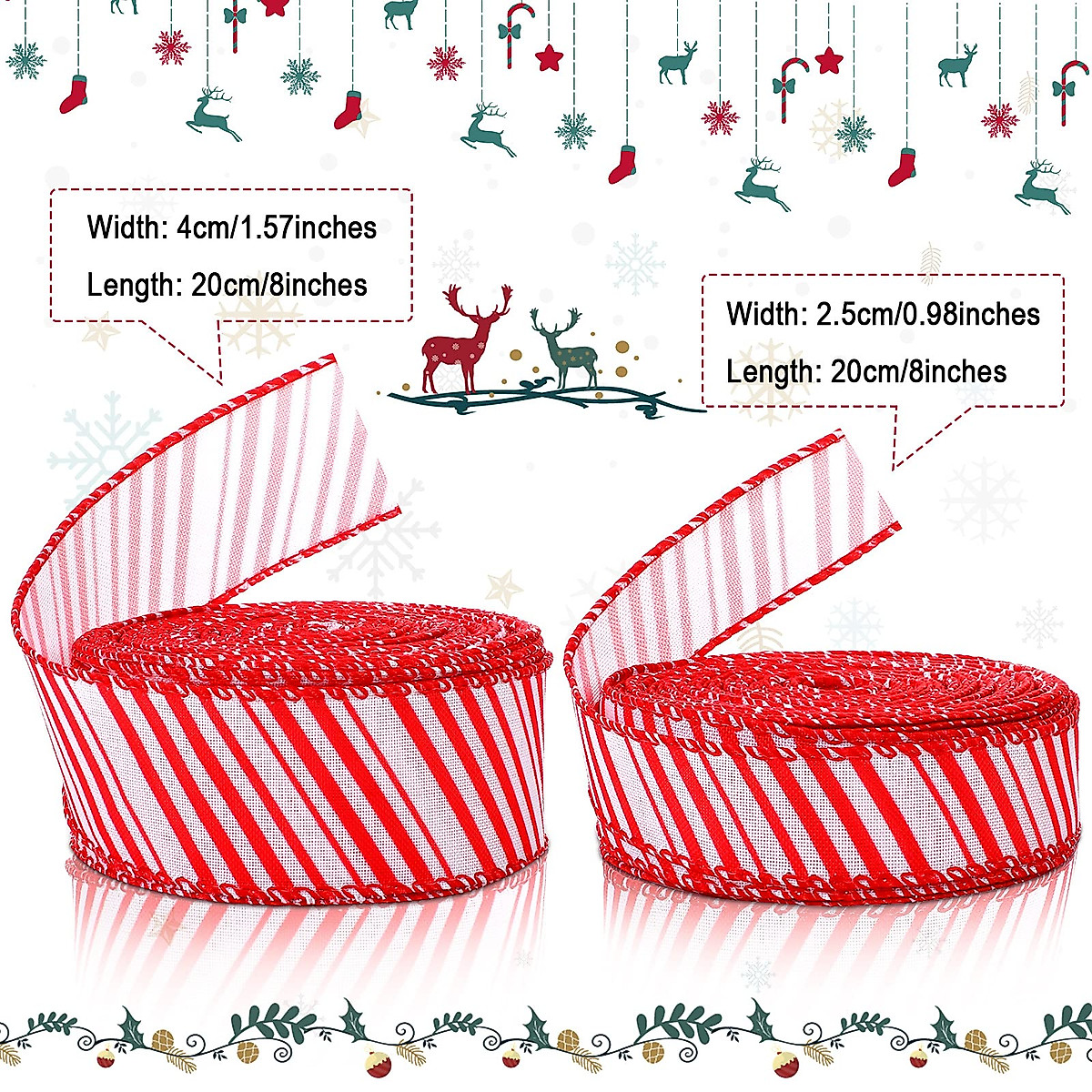 44 Yards Christmas Peppermint Strip Wired Candy Cane Ribbon - Red and White Stripe DIY Craft Ribbon for Christmas Tree Decor, Holiday DIY Garland, Present Wrapping, Wreaths, Bows - 2 Widths