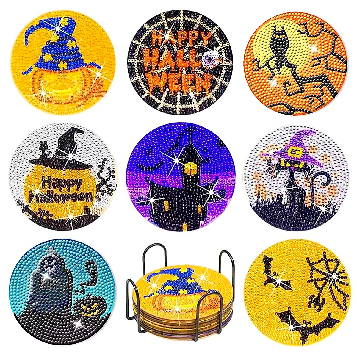 8 Pcs Halloween Diamond Painting Coasters for Drinks, DIY Diamond Painting Kits with Holder Cork Pad, Diamond Art Coasters for Beginners Kids Adults Halloween Spooky Party Art Craft Supplies