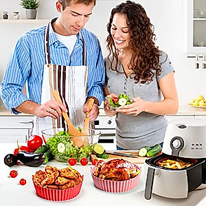 Air Fryer Liners, MIAOKE 8.5 Inch Silicone Air Fryer Liners with Silicone Oil Brush And Anti-Scald Gloves Set Heat Resistant Easy Cleaning Reusable Air Fryer Accessories 5 Pack- (Red/Pink)