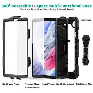 BLOSOMEET Case for Galaxy Tab A7 Lite 2021 8.7 Inch with Tempered Glass Screen Protector Pencil Holder, Kids Cover for Samsung Tablet A7 Lite SM-T225/T220/T227 with Hand Shoulder Strap Stand, Black