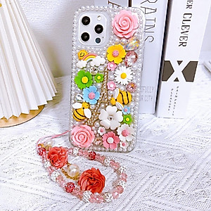 redecarie for Samsung Galaxy S9 Plus Bling Glitter Case,Shiny Diamond Luxury Crystal Rhinestone Cute Bee Rainbow Tower Pearl 3D Handmade Women Girls Protective Cover with Bracelet Lanyard