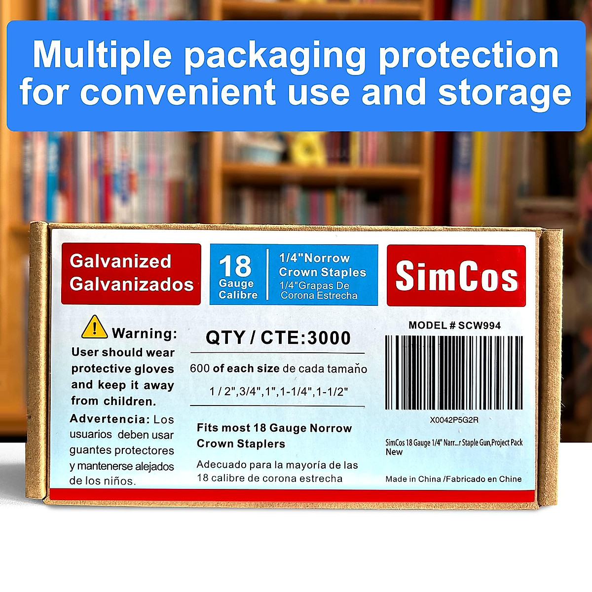 SimCos 18 Gauge 1/4" Narrow Crown Staples (1-1/2",1-1/4" 1", 3/4", 1/2"), Galvanized Assorted Sizes for 18 GA Pneumatic or Electric Stapler or Staple Gun,Project Pack (Assembly 3000)