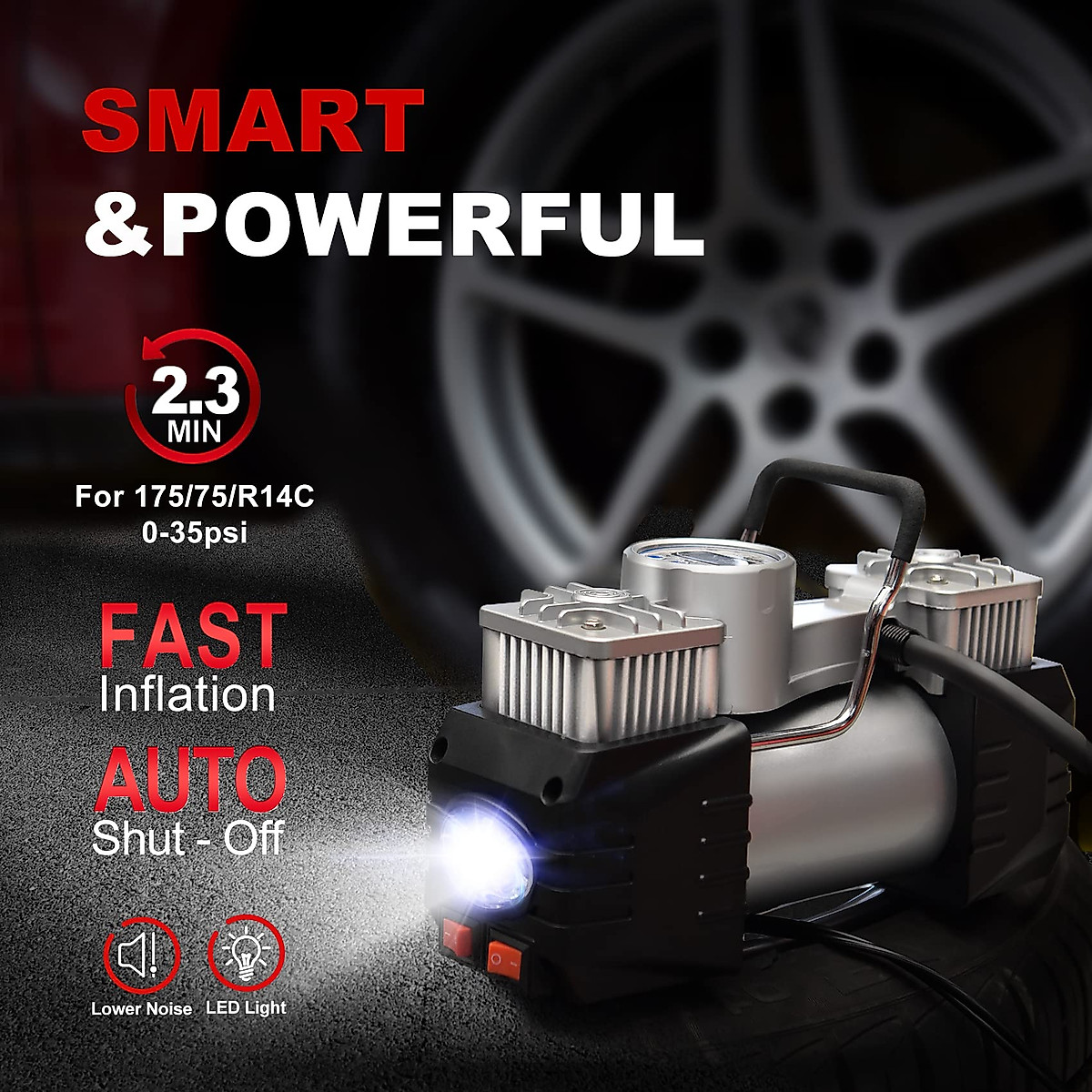 TOPDC Air Compressor Tire Inflator Portable Dual Cylinder Air Pump for Car Tires, Car Accessories, 12V DC Auto Tire Pump with Digital Pressure Gauge, 100PSI with LED Light for SUV, Truck, Car, Bicycle