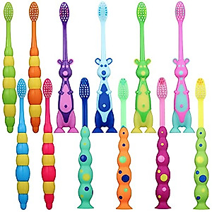Lauwell Toddler Toothbrush Kids Manual Toothbrush Individually Wrapped Toothbrushes with Covers Suction Cup Toothbrush Lovely Soft Bristle Animal Toothbrush for Kids Sensitive Teeth (12 Pieces)