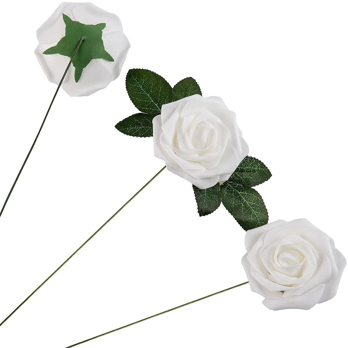 Lansdowns Artificial Flower Foam Rose 25pcs Real Looking Fake Rose with Stems Leaves for Home Decoration Party Garden Centerpieces DIY Wedding Bouquets（White）