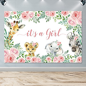 HIPVVILD Safari Baby Shower Backdrop Decorations, Jungle Animal Theme Baby Shower Party Supplies for Girl, It’s a Girl Backdrop, Safari Jungle Animal Theme Party Background Photo Booth Banner | 5x3ft