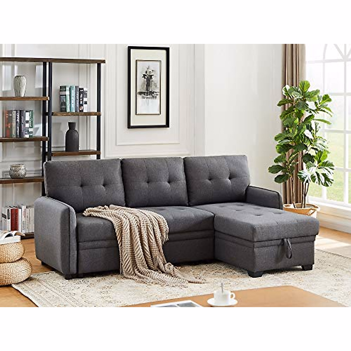 INFINI FURNISHINGS Reversible Storage Chaise Lounge 84" Wide Sectional Sofa with Pull Out Sleeper Bed, Dark Gray