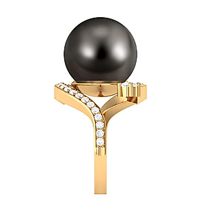 Rosec Jewels June Birthstone - 13 CT Statement Solitaire Ring with Tahitian Pearl and Diamond (AAA Quality), 14K Yellow Gold, Size:US 8.00