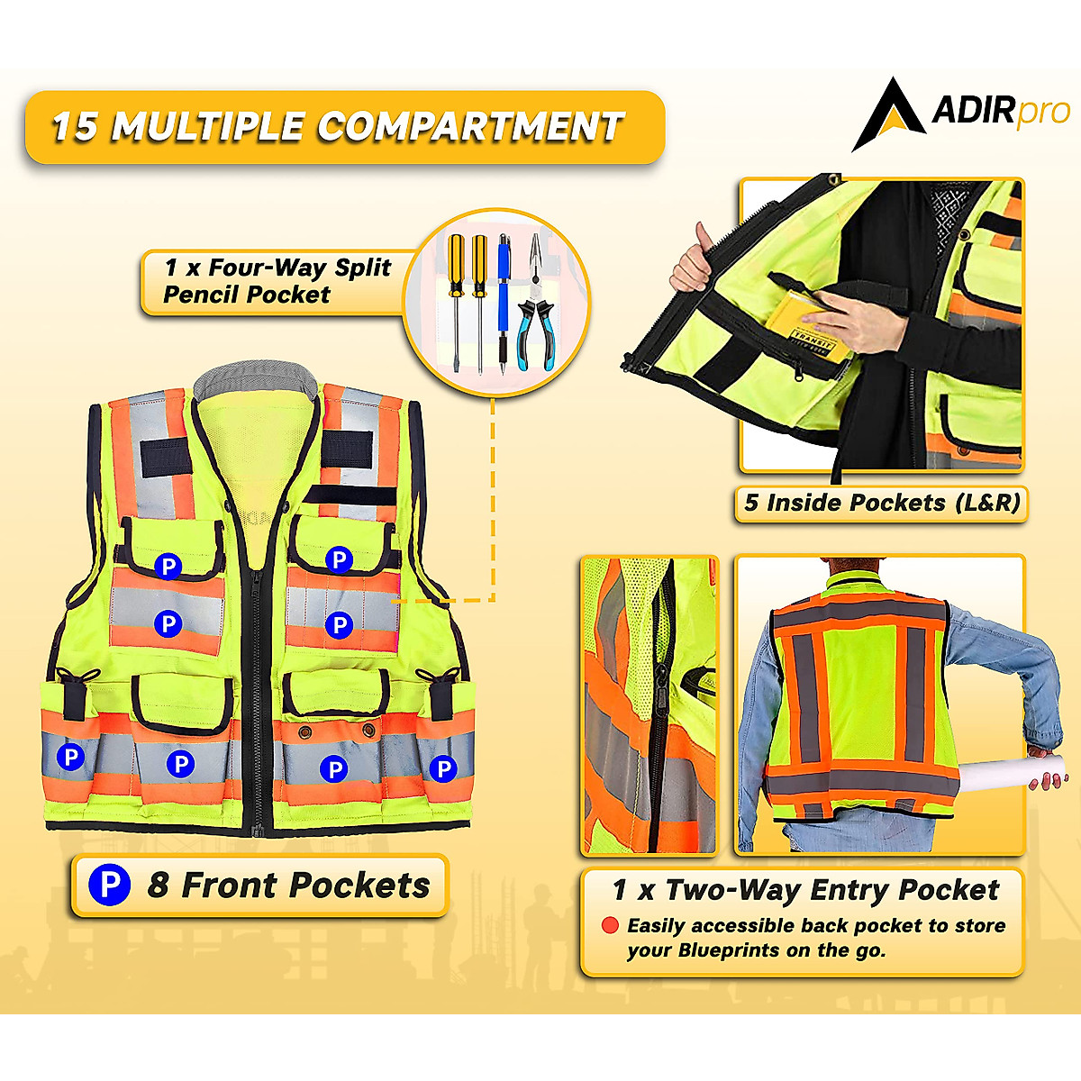 AdirPro Safety Vest - High Visibility Reflective with Zipper and Utility Pockets for Surveyors Engineers Class 2 Construction Workers, Fluorescent Yellow, 10