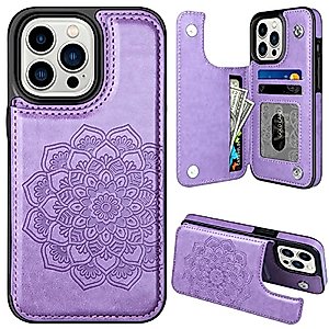 MMHUO for iPhone 14 Pro Case with Card Holder, Flower Magnetic Back Flip Case for iPhone 14 Pro Wallet Case for Women, Protective Case Phone Case for iPhone 14 Pro,Purple