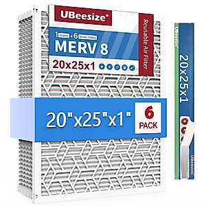 UBeesize Reusable 20x25x1 Air Filter(6-Pack),Upgrade AC/HVAC/Furnace Filter,MERV 8,MPR 700,Easy to Close/Open,1xReusable ABS Frame+6xReplaceable Filter(Actual Size: 19.72x24.6x0.87 Inch)