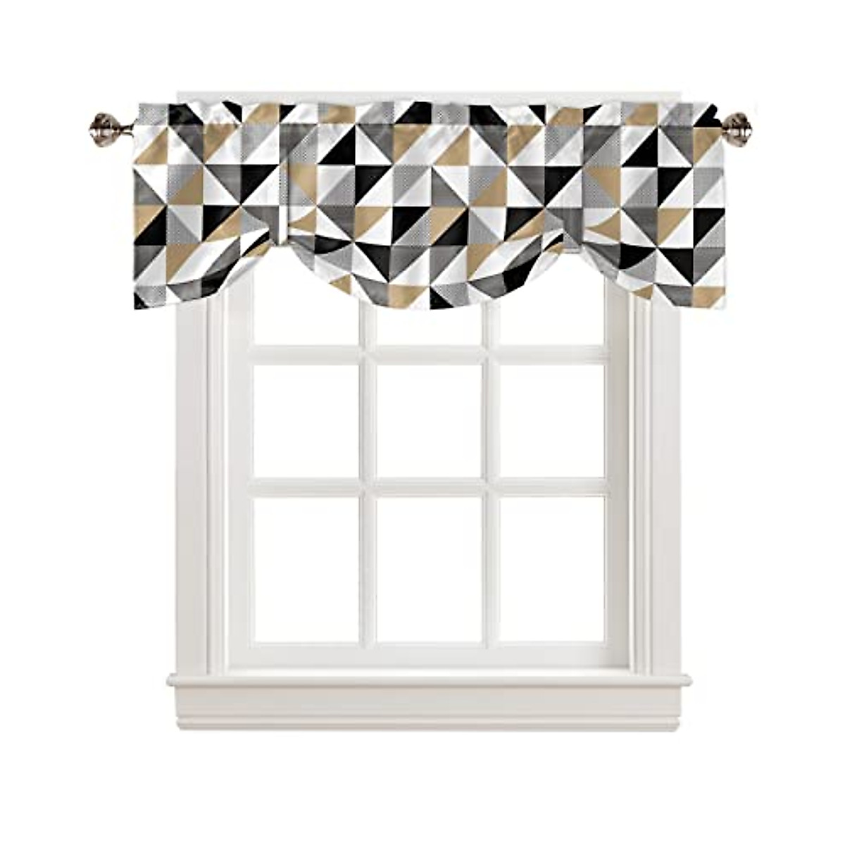 Kitchen Curtains, Simple Black and White Gold Triangle Pattern Valances for Windows, Short Curtains Rod Pocket Bathroom Curtains Window, Kitchen Window Curtains Over Sink, 54x18in Valances for Kitchen