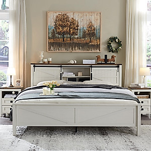RedLemon Farmhouse Queen Size Bed Frame with Bookcase Headboard, Sliding Barn Door, Storage Cabinet, Charging Station, Wood Slats Support, No Box Spring Needed, Antique White