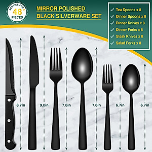 Yoehka 48-Piece Black Silverware Set with Steak Knives,Stainless Steel Black Flatware Cutlery Set for 8, Durable Home Kitchen Eating Tableware Set, Include Fork Knife Spoon Set, Hand Wash Recommended