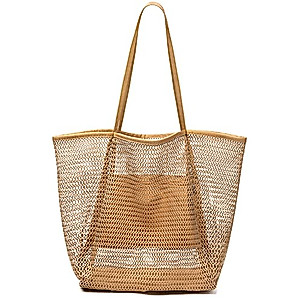 hatisan Beach Bag Mesh Tote Bag,Upgrade Beach Tote with Phone Pouch Women Mesh Bag Shoulder Bag for Beach Travel Vacation (Kakhi)