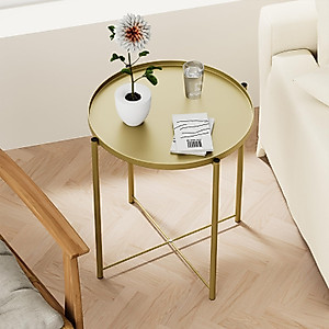 Fixwal Metal Side Table, Gold End Table for Small Spaces, Round Accent Side Table with Removable Tray for Living Room, Coffee Table for Bedroom Balcony and Office