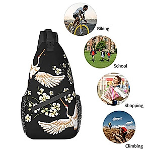 Retro Japanese Embroidery Crane Cherry Blossom Cross Chest Bag Diagonally Sling Backpack Crossbody Shoulder Bag Travel Hiking Daypacks for Men Women