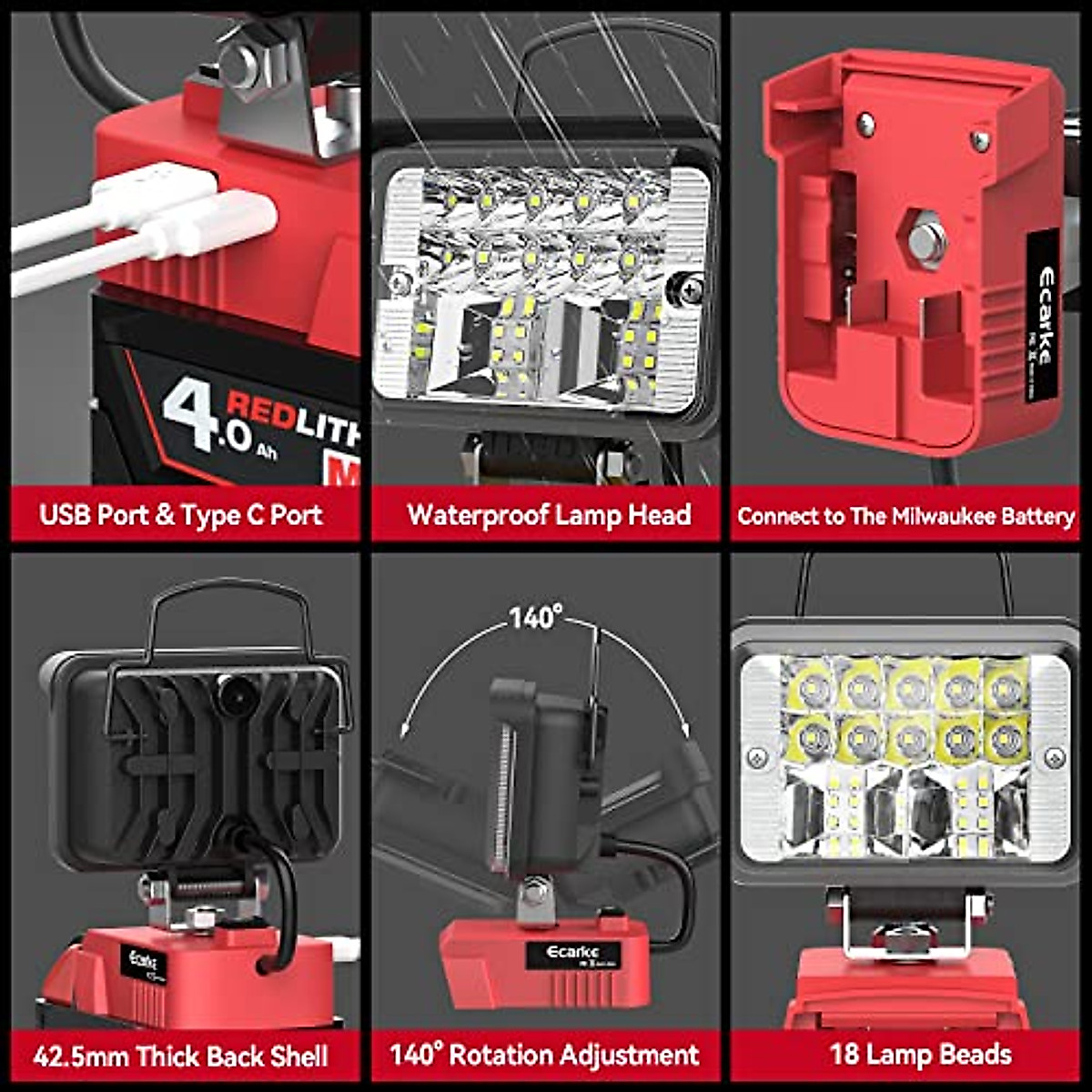 Ecarke LED Work Light Portable Flood Light for Milwaukee M18 18V Lithium Battery with USB&TYPEC Outdoor Charge &Low Voltage Protection Plate,20W Cordless Handheld Work Light Flashlight Tools(Upgraded）