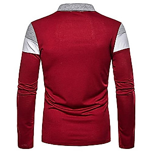 Aulemen Men's Fashion Polo Shirts Slim Casual Long Sleeve Classic Golf Shirts Color Block Tops Red Grey