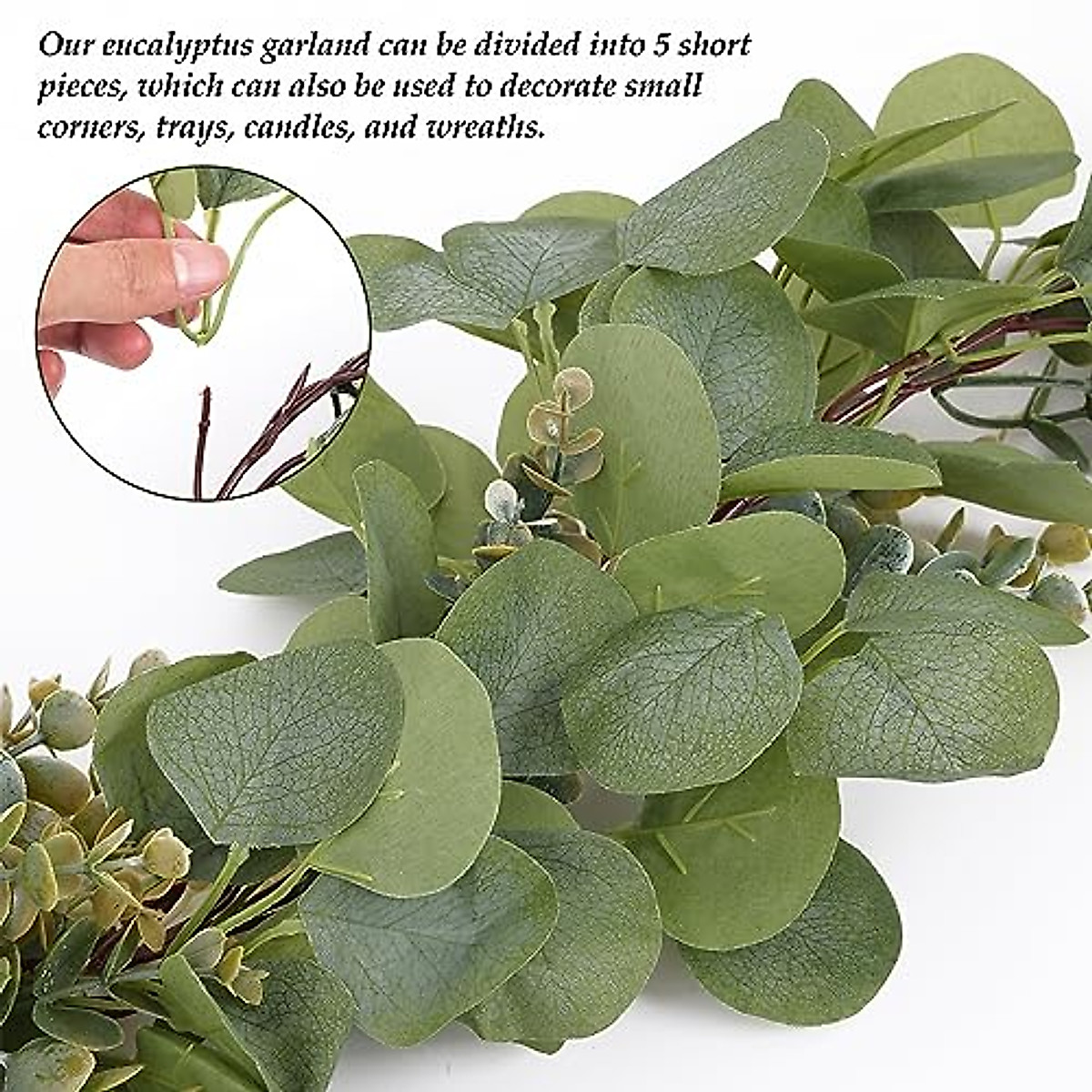 CEWOR 6.5ft Artificial Eucalyptus Garland Detachable Faux Greenery Vines Silver Dollar Eucalyptus Leaves with White Buds for Farmhouse Mantle Wedding Arch Table Centerpiece Backdrop