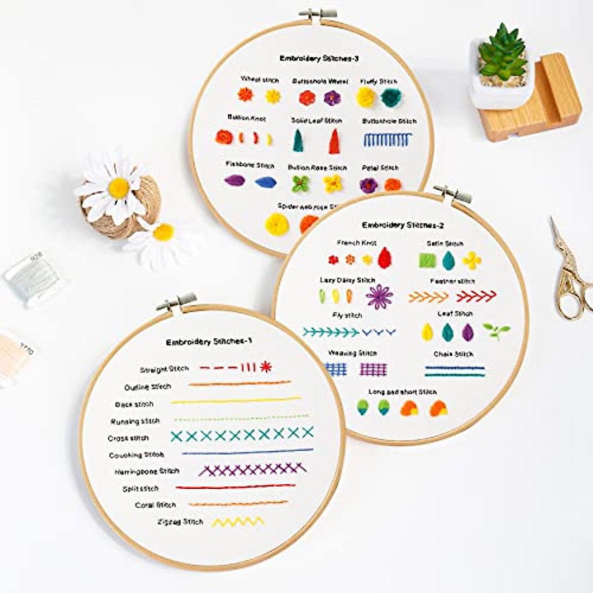 Santune Embroidery Kit - 3pcs Embroidery Patterns with Instructions for Beginners Cross Stitch Kits for Adults with 1 Embroidery Hoops, Color Threads and Needles, Good Hobbies for Women
