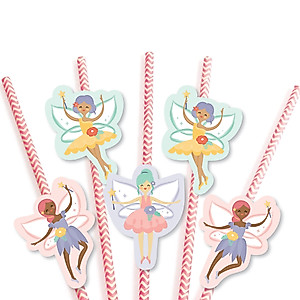 Big Dot of Happiness Let’s Be Fairies - Paper Straw Decor - Fairy Garden Birthday Party Striped Decorative Straws - Set of 24