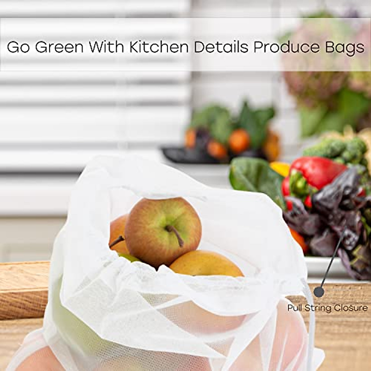 Kitchen Details 3 Pack Reusable Cotton Mesh Produce Bags | Green Living | Drawstring | Fruit and Vegetable Bags & Organizers | Good for Grocery Shopping | White