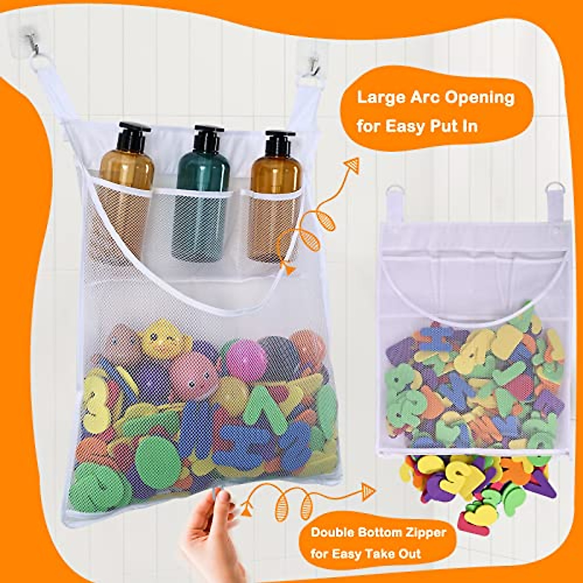 Baby Bathtub Toy Storage Mesh Bath Toy Organizer with Zipper Extra Large Opening Three Pocket with 4 Self-Adhesive Hooks and 4 D-Rings,Multi-Use Home Storage Bag Christmas Storage(1 Large, White)