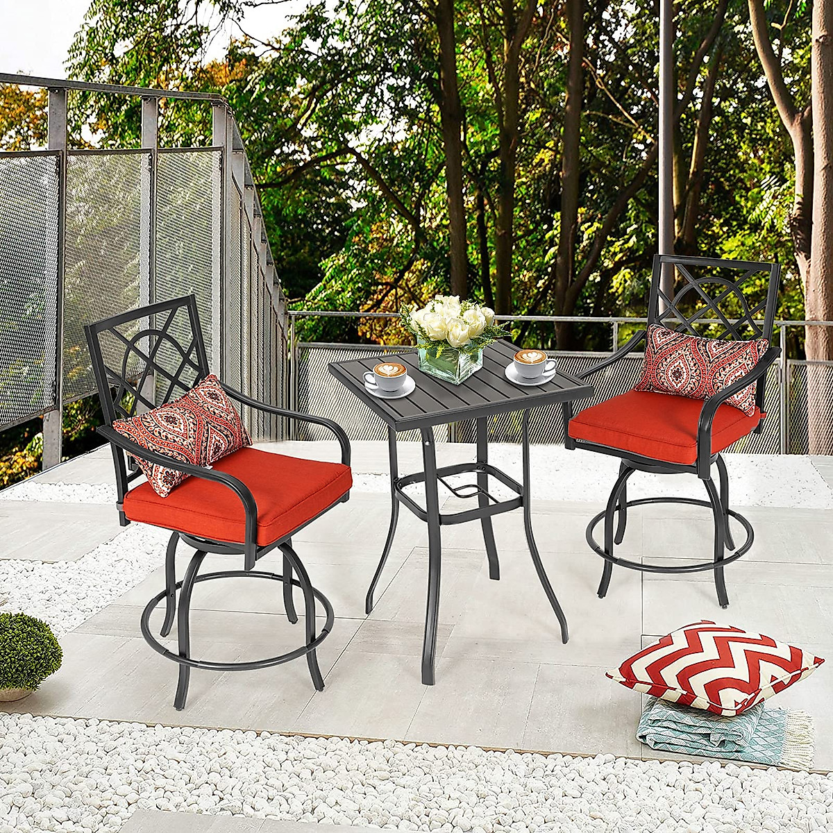 Patiomore Patio Swivel Bar Stools, Outdoor Bar Height Bistro Chairs Set of 2, Metal Iron Frame with Seat Cushions, Red