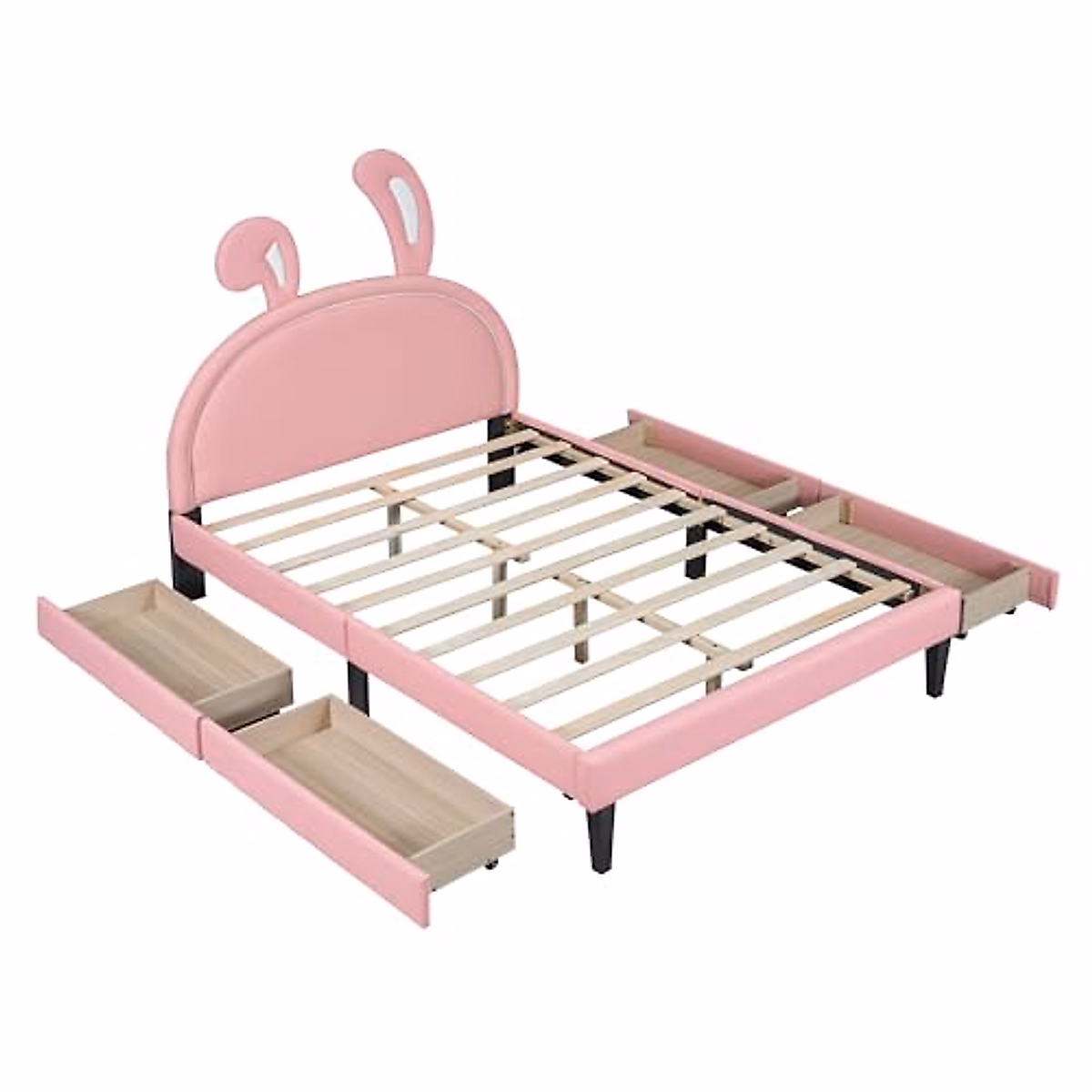 HBRR Full Upholstered Platform 4 Drawers and Bunny Ears Headboard, Wooden Bed Frame Size with Storage for Kids Teens Boys & Girls, No Box Spring Needed, Pink