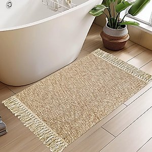 Small Bathroom Rug, 2'x 3' Boho Entryway Rug Washable Cotton Woven Front Door Mat with Tassels, Low Pile Reversible Kitchen Rugs Soft Tan Throw Rug Farmhouse Carpet for Indoor Entry Décor