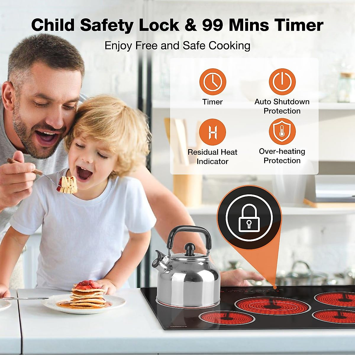 ThermoMate 30 Inch Electric Cooktop 5 Burners, 30" Built in Radiant Electric Stove Top, 8200W Ceramic Cooktop with Touch Control, 9 Heating Level, Chlid Lock & Timer, 220-240V Hard Wire ETL Listed