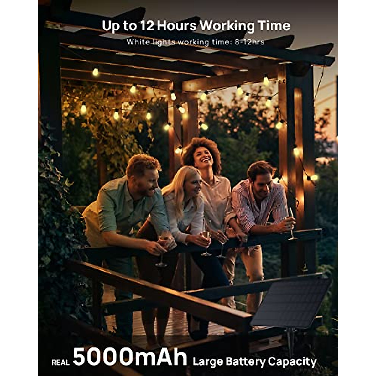 ASAHOM Solar Powered Outdoor String Lights Color Changing, 48ft Waterproof Solar RGB Patio Lights with 15 Dimmable Shatterproof Warm White LED Bulbs, 5000mAh Solar Panel Capacity for Garden Gazebo