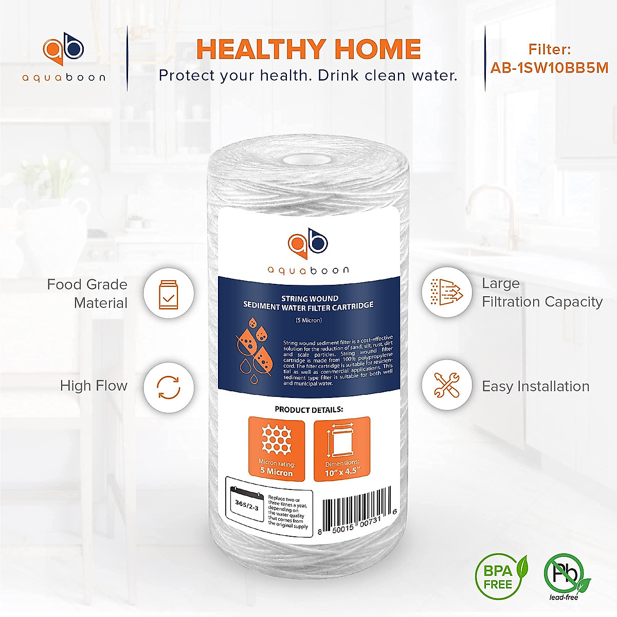 Aquaboon 5 Micron 10" x 4.5" String Wound Sediment Water Filter Cartridge | Whole House Sediment Filtration | Compatible with 84637, WPX5BB97P, PC10, 355214-45, 355215-45, WP10BB97P WP5BB97P 10-Pack