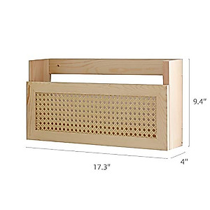 FIRADE Wood Magazine Wall Rack with PE Rattan Grid,Size 17.3" x 4" x 9.4",File Holder for Entryway,Living Room,Waiting Room,Kids’ Room,Office