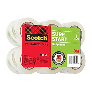 Scotch Sure Start Shipping Packaging Tape, 1.88" x 25 yd, Designed for Packing, Shipping and Mailing, No Splitting or Tearing, 1.5" Core, Clear, 6 Rolls (DP-1000RF6)