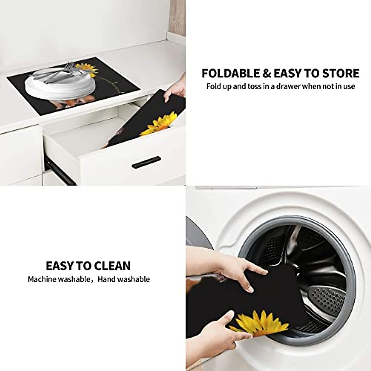 Funny Dog with Sunflower Printed Drying Mat For Kitchen Ultra Absorbent Microfiber Dishes Drainer Mats Non-Slip Silicone Quick Dry Pad - 18 X 16inch