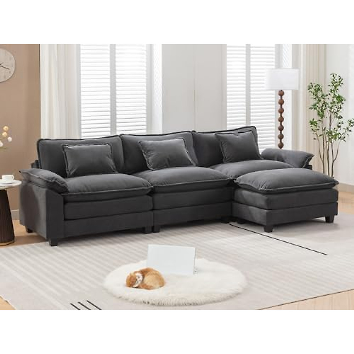 IPKIG 117" Sectional Sofa, Velvet L-Shaped Couch Comfy Upholstered 3-Seat Sofa with Ottoman, 3 Lumbar Pillow, Deep Seat Modular Oversized Couch for Living Room, Apartment, Studio (Grey, 4-Seat)